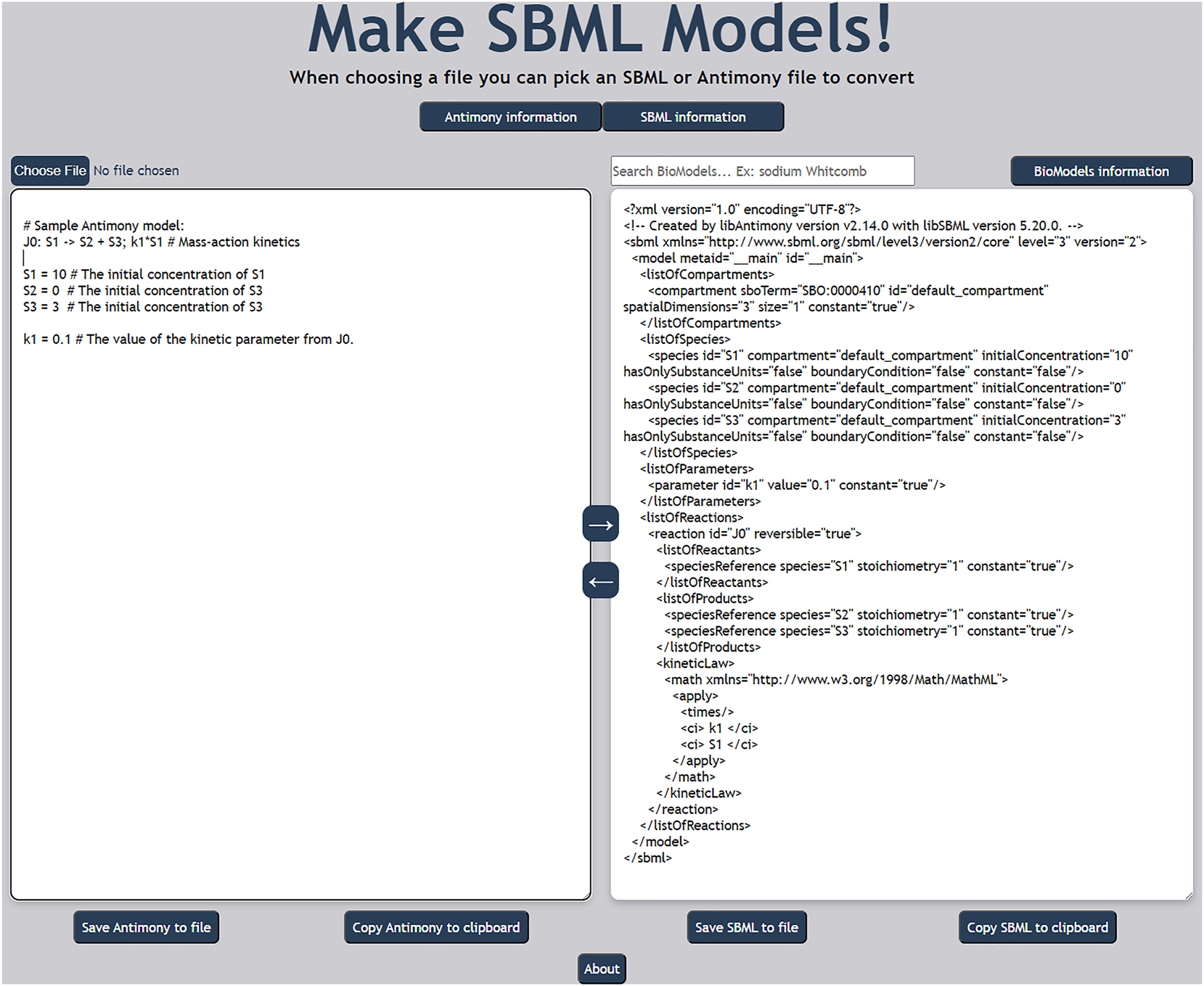 MakeSBML: a tool for converting between Antimony and SBML